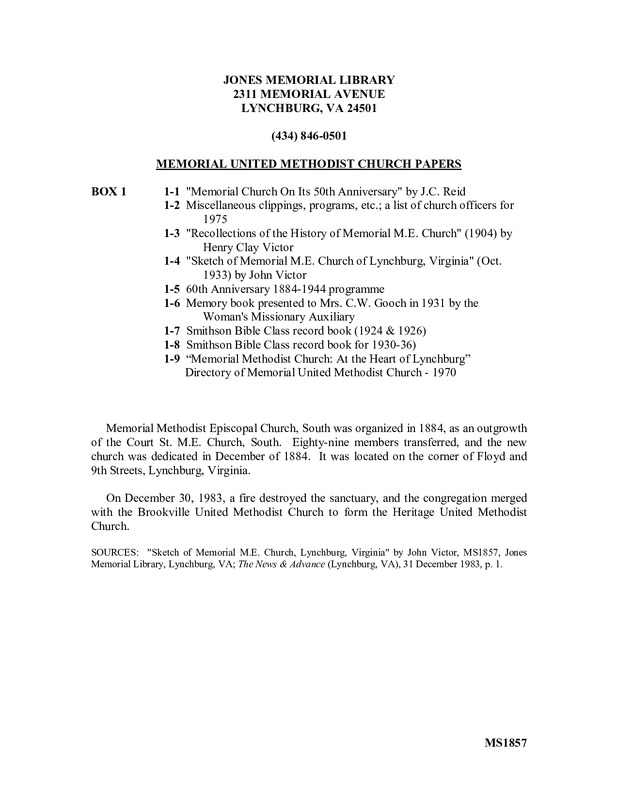 Finding Aid to The Memorial United Methodist Church Papers · Jones ...