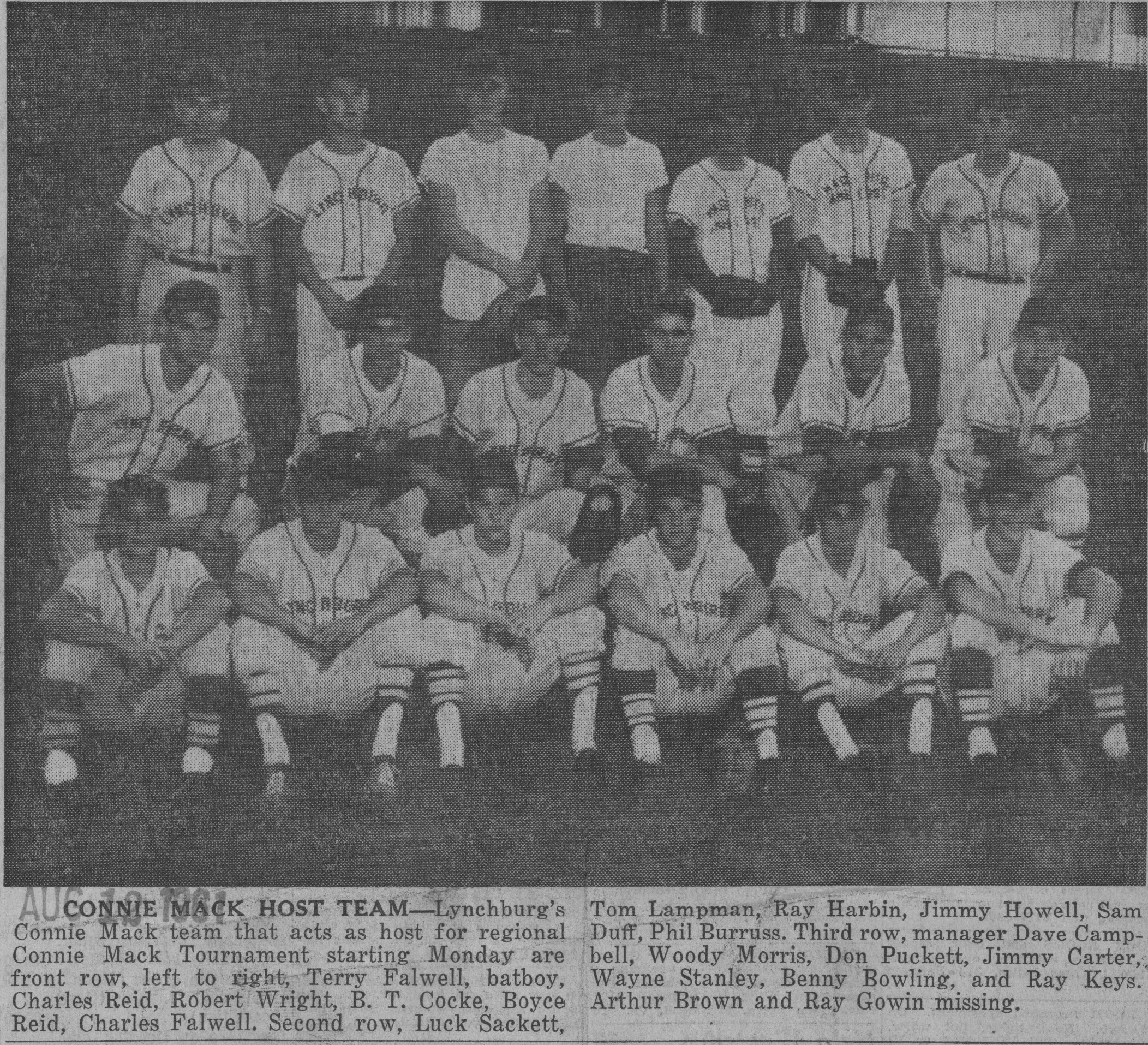 Regional Connie Mack Tournament; August 12, 1961 · Jones Memorial ...